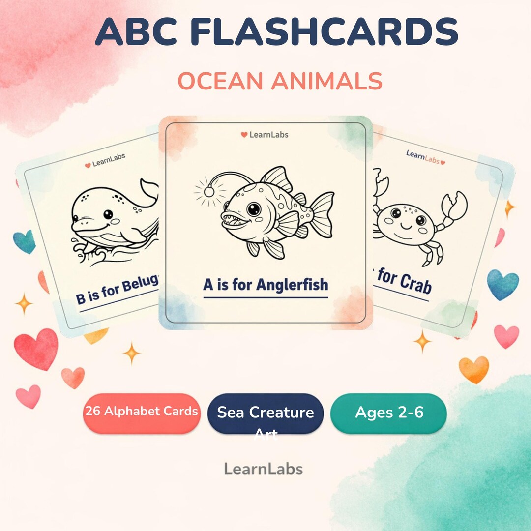 Ocean Animals ABC Flashcards – Toddler Alphabet Learning Cards (digital ...
