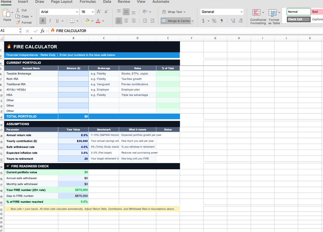FIRE Calculator Spreadsheet | Early Retirement Planner | Financial ...