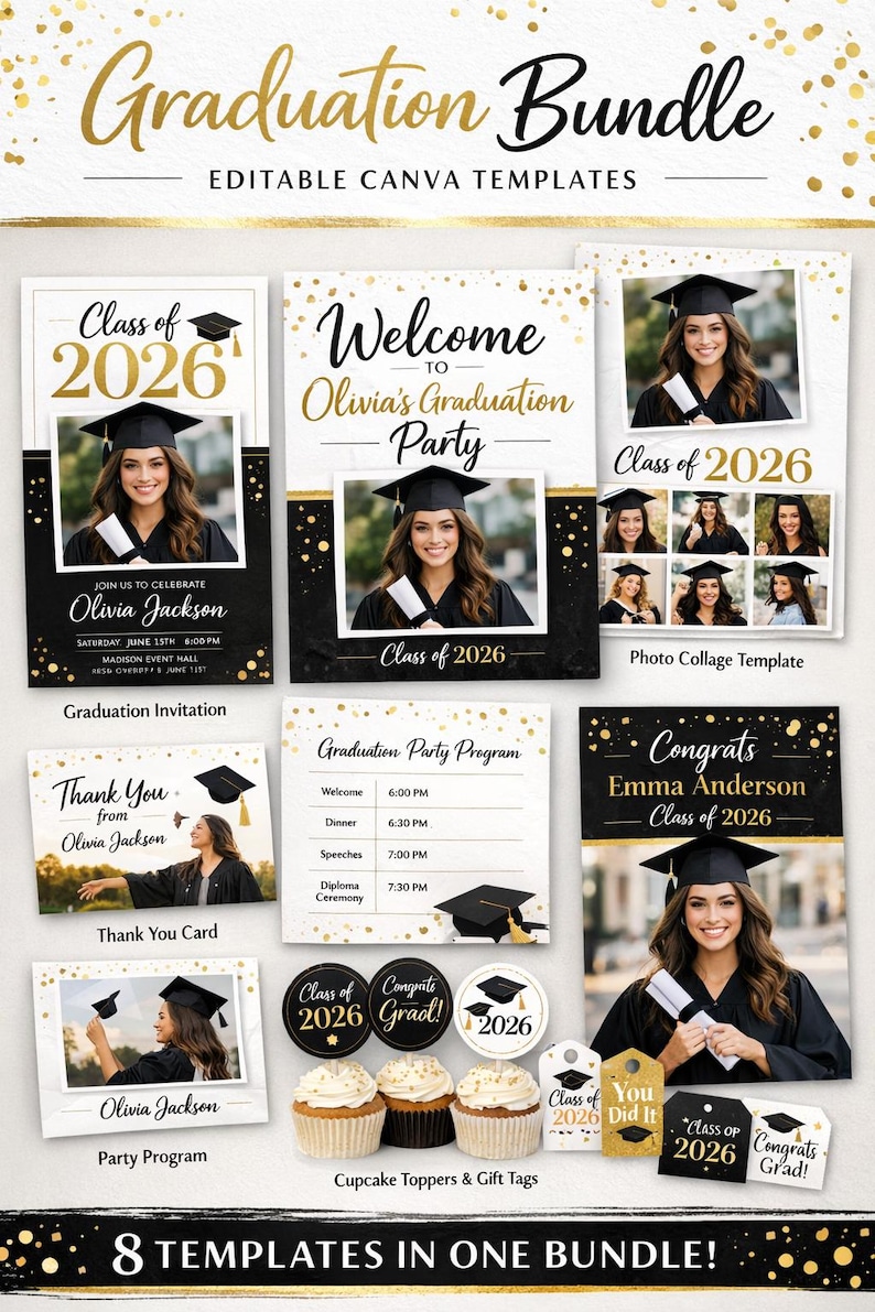 Graduation Bundle 2026 Canva Templates | Black Gold Party Kit (digital ...