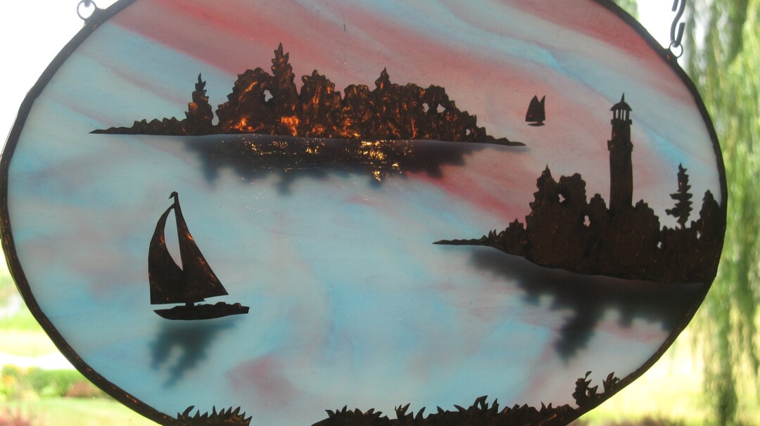 Stained Glass Copper Overlay sailboat, Lighthouse full Sail - Etsy