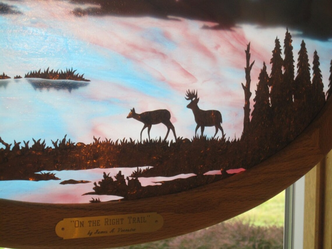 Stained Glass Copper Overlay White Tailed Deer Scene on the Right Trail ...