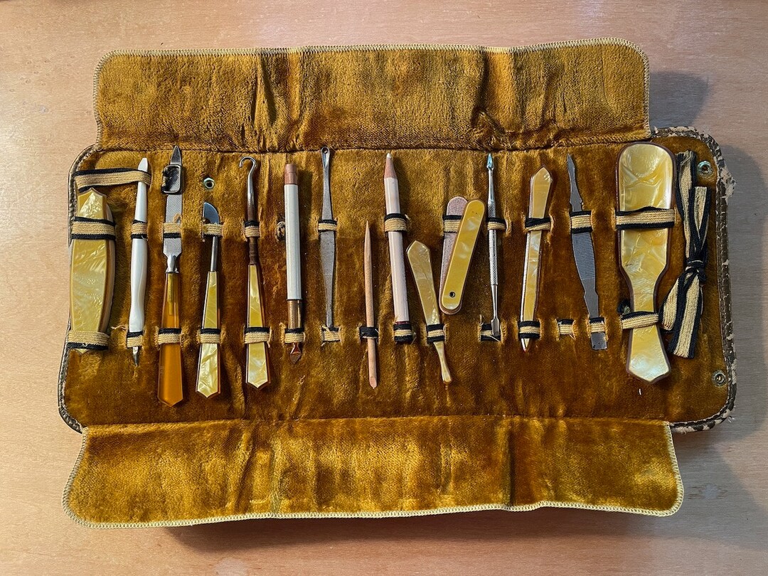 Antique Manicure Set French Ivory Celluloid Bakelite 15 Piece Vanity ...