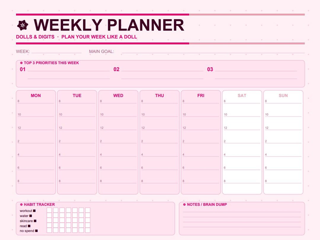Pink Weekly Planner | Habit Tracker, Goals, Notes (digital Download) - Etsy