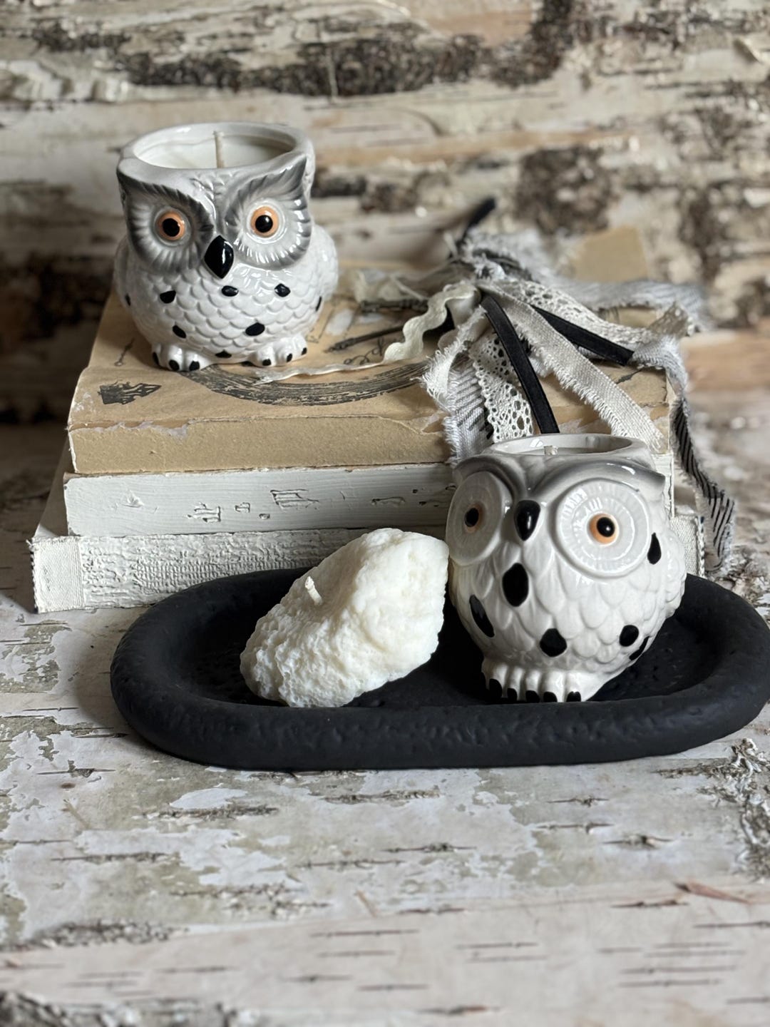 Chocolate Scented Ceramic Owl Candles / Cream and Black / Black ...