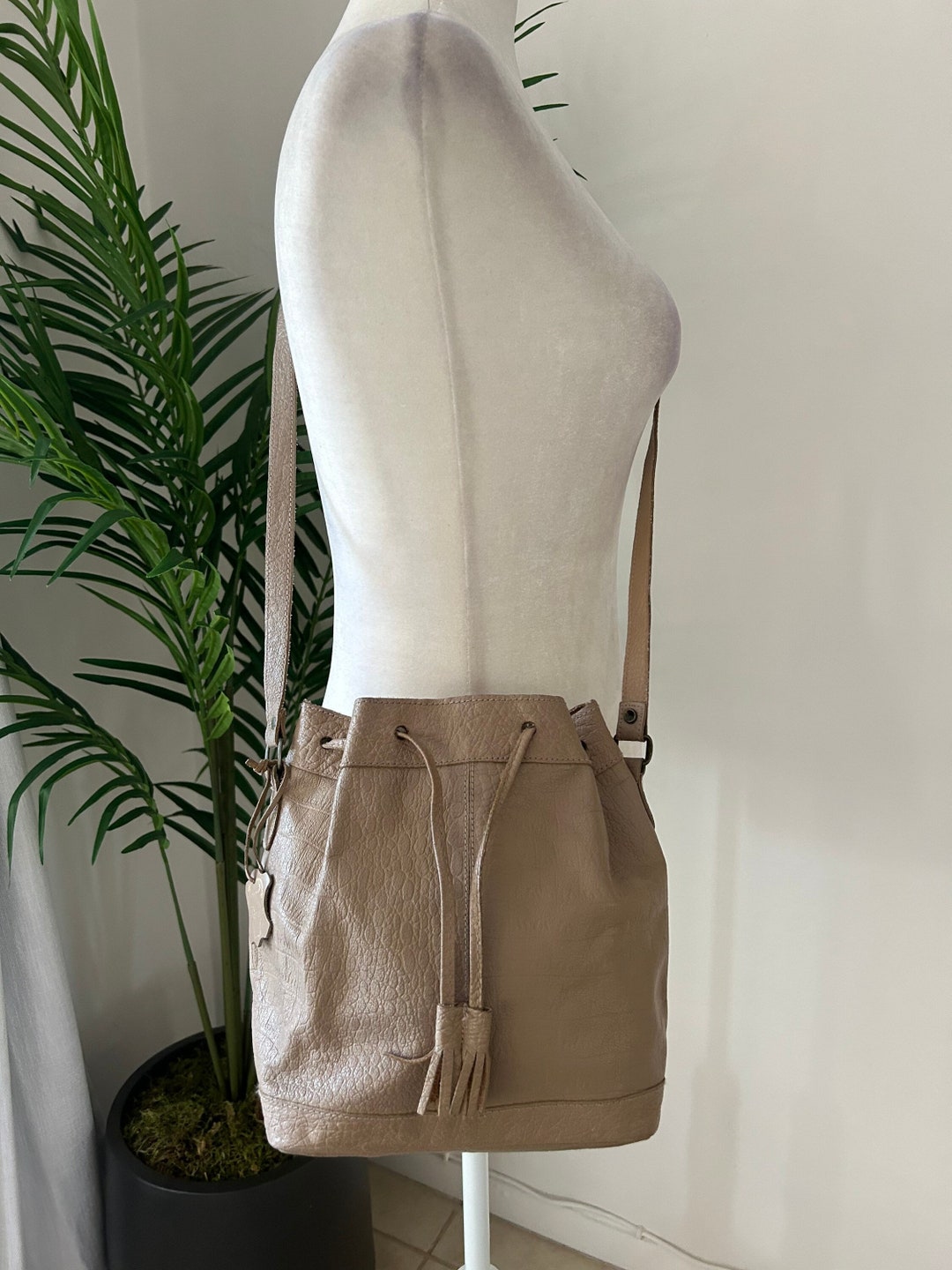 Greige Leather Drawstring Crossbody Bag - Etsy