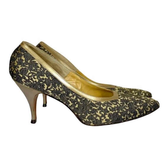 Vintage Black and Gold Floral Brocade Heels | Etsy