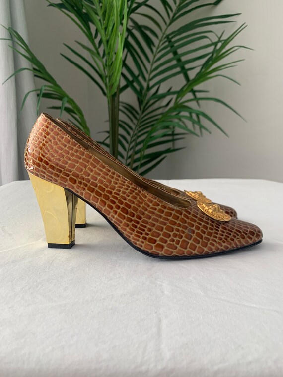 90's Faux Lizard Skin Lion Head Heels 7.5M - Gem