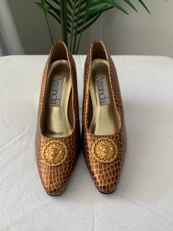 90's Faux Lizard Skin Lion Head Heels 7.5M - Gem