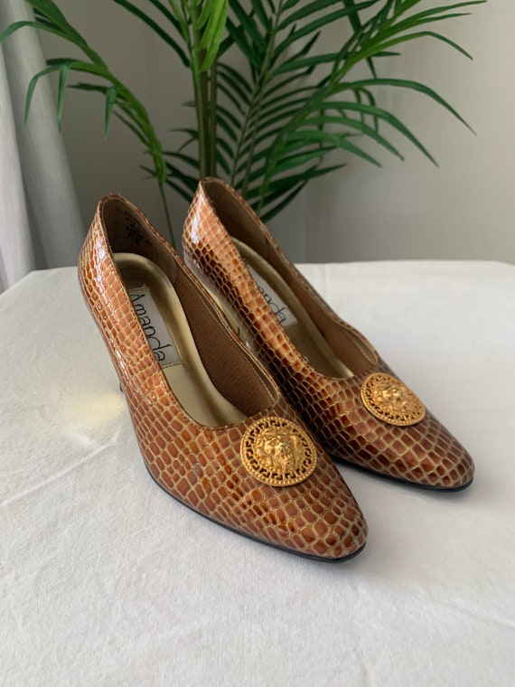 90's Faux Lizard Skin Lion Head Heels 7.5M - Gem