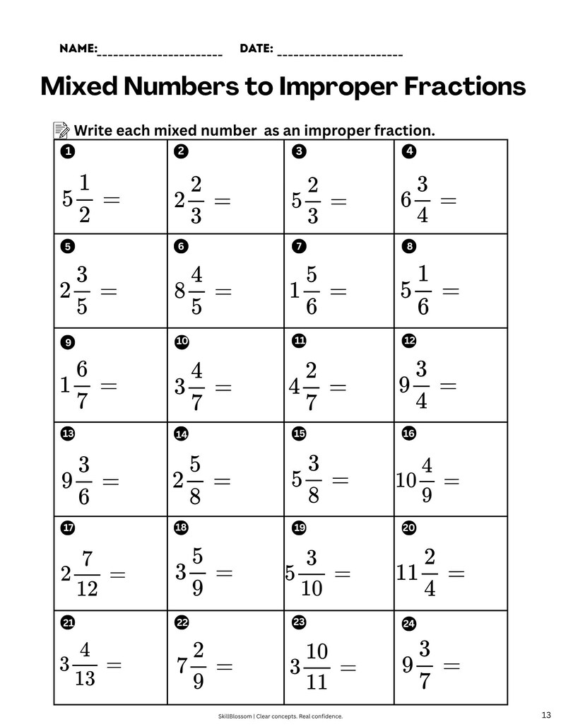 Converting Fractions Worksheets, Mixed Numbers Improper Fractions ...