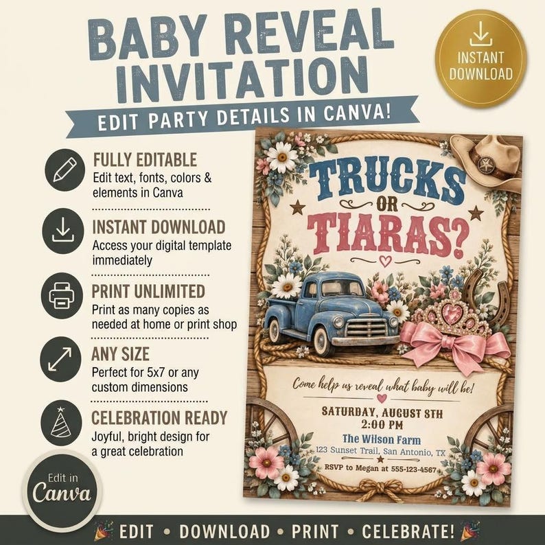 Trucks or Tiaras Gender Reveal Invitation Western Baby Reveal Cowboy ...