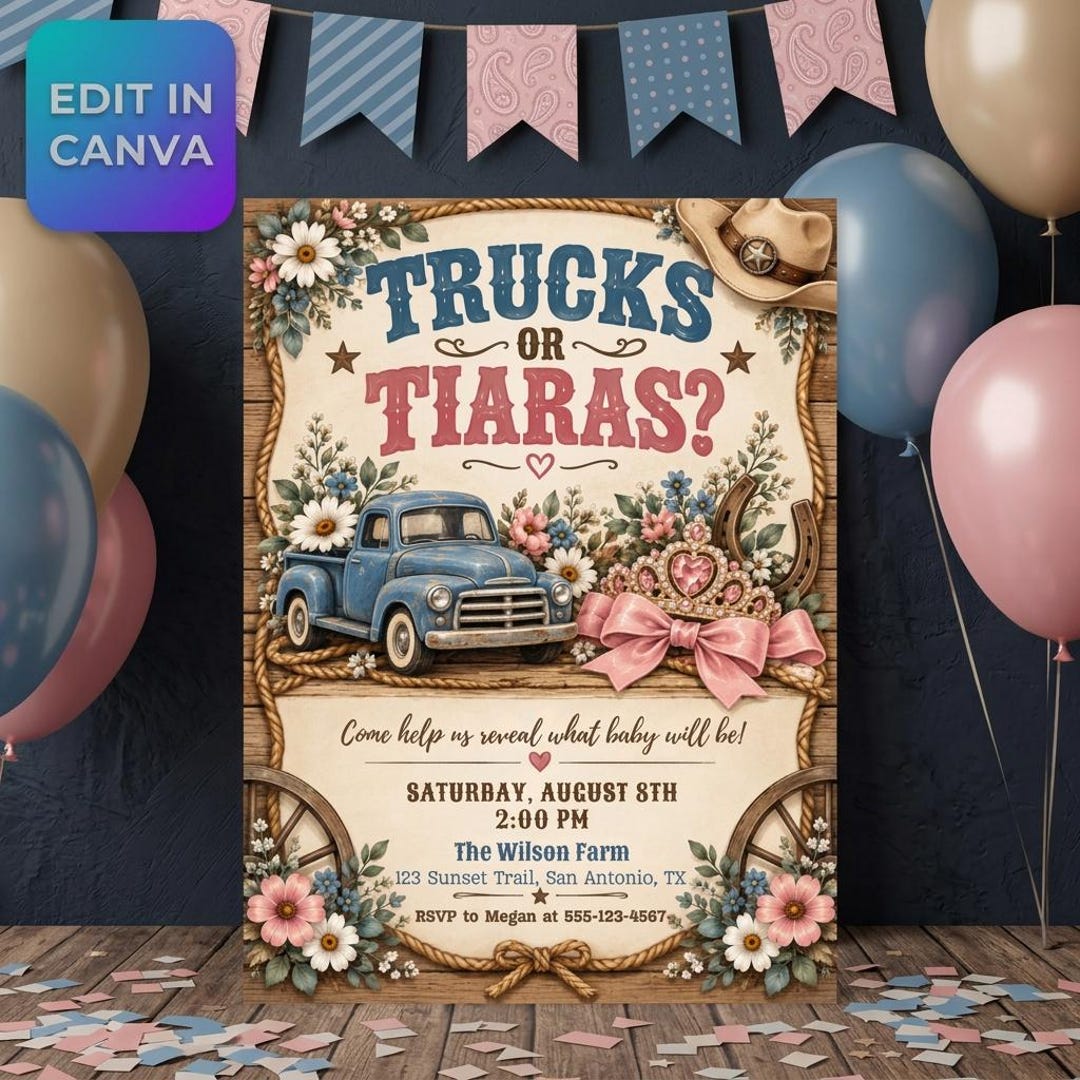 Trucks or Tiaras Gender Reveal Invitation Western Baby Reveal Cowboy ...