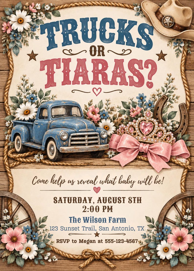 Trucks or Tiaras Gender Reveal Invitation Western Baby Reveal Cowboy ...