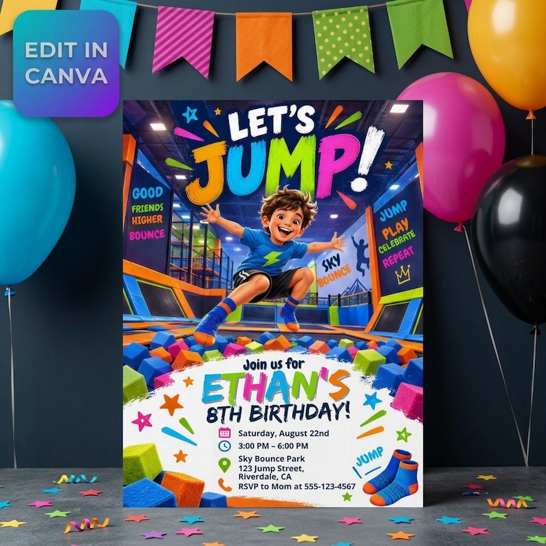 8th Birthday Invitation Trampoline Birthday Invite Jump Park Birthday ...
