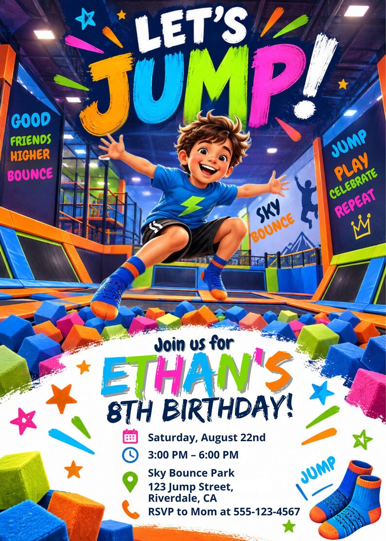 8th Birthday Invitation Trampoline Birthday Invite Jump Park Birthday ...