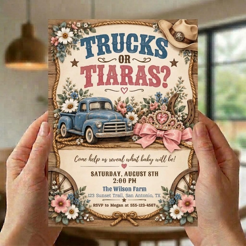 Trucks or Tiaras Gender Reveal Invitation Western Baby Reveal Cowboy ...