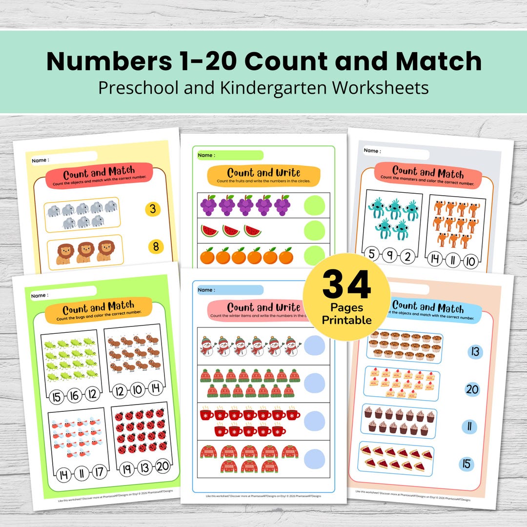 Numbers 1-20 Count and Match Worksheets (preschool, Kindergarten ...