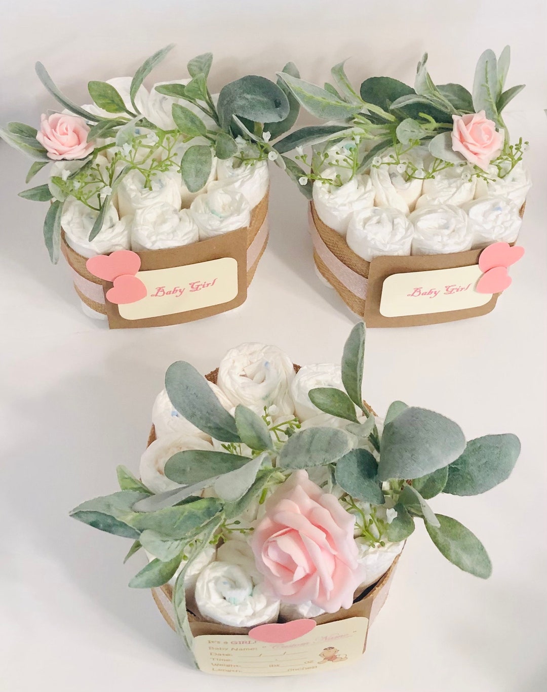 Rose, Set of 3 “BIGGER” Mini Diaper Cakes, Girl Baby Shower Gift ...