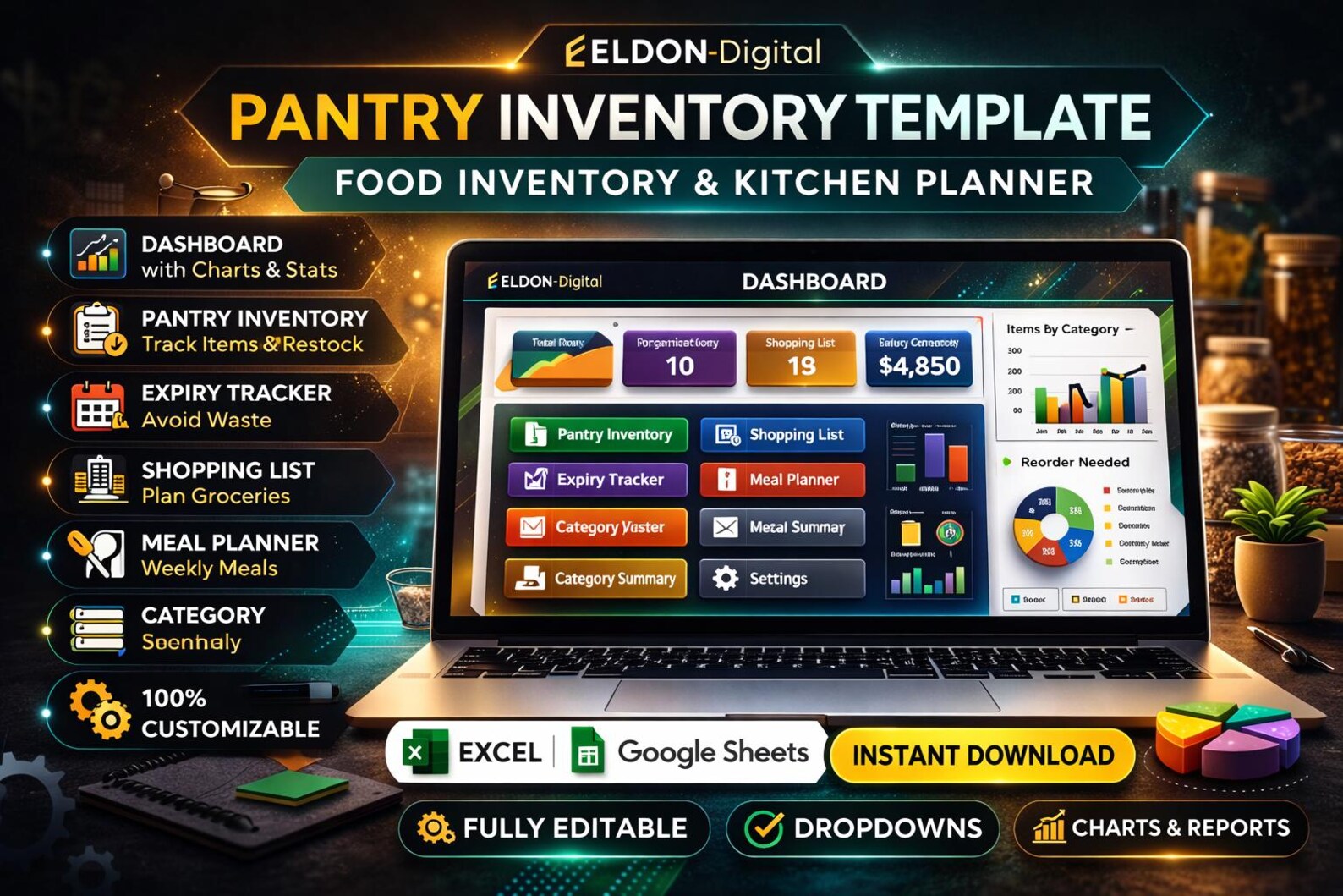 Pantry Inventory Template, Food Tracker, Kitchen Planner (excel, Google ...
