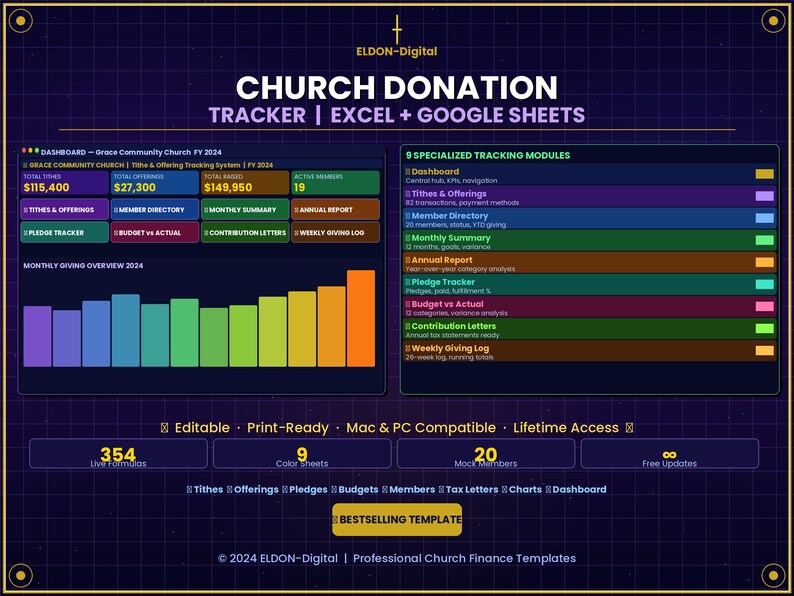 Church Tithe Tracker, Excel Google Sheets, Contribution Log (instant ...