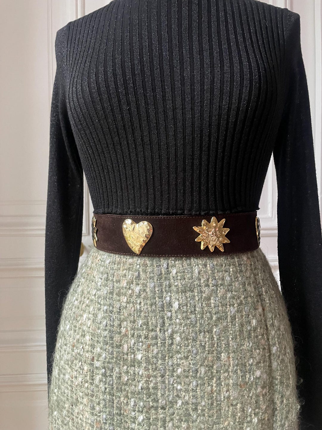 RESERVED Vintage Brown Suede Jewel Belt 1980 Gold Hearts and Sun Made ...