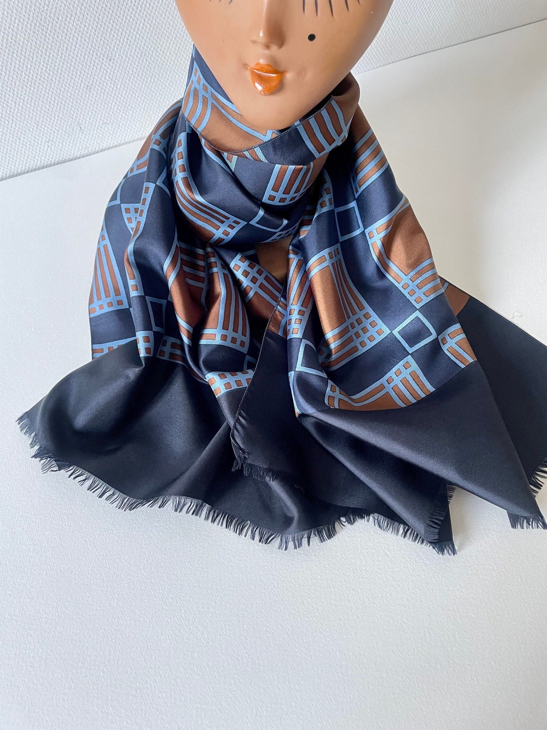 Vintage 70s Italian Silk Scarf. Tartan Navy Brown Geometrics - Etsy