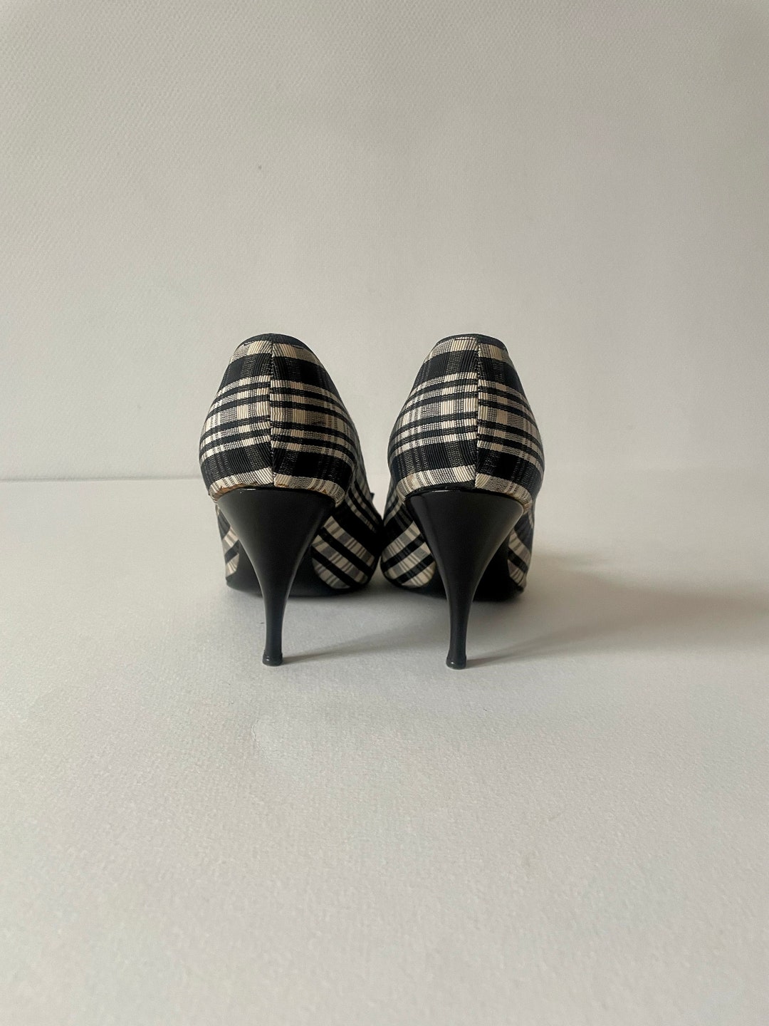 Vintage 60s Stilettos Heels Shoes Black White Tartan Bow Pin up Rétro ...