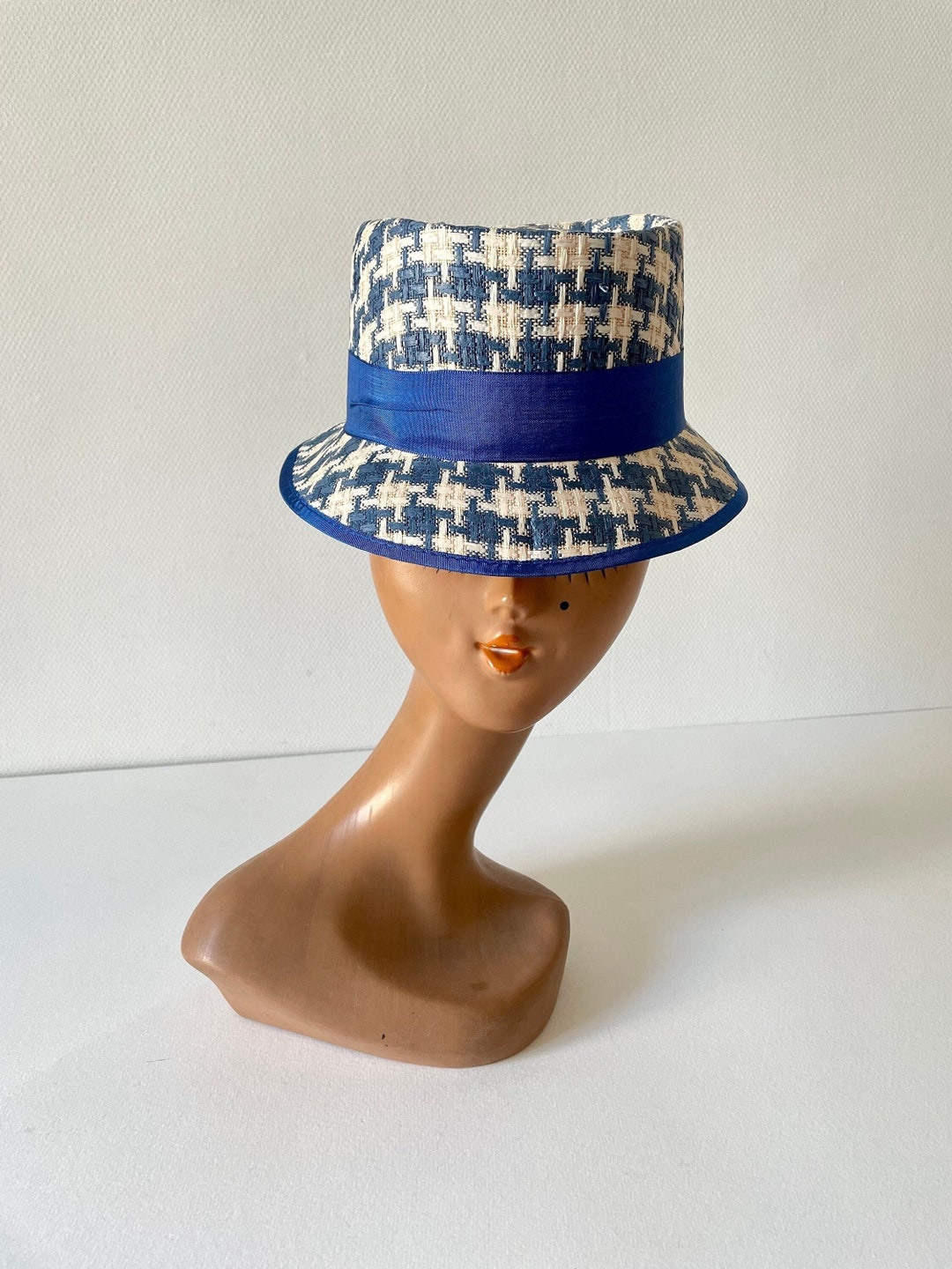 Vintage French Fashion Hat Blue Houndstooth Blue Ribbon Blue Parisienne ...