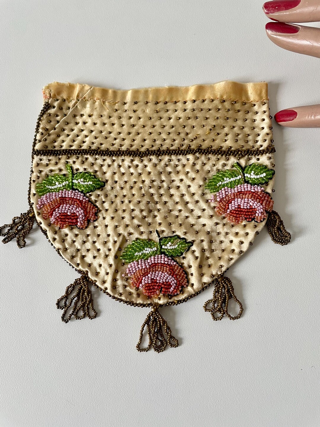 Antique Beaded Minaudière Purse Roses Embroidery Cream Satin Hand Made ...