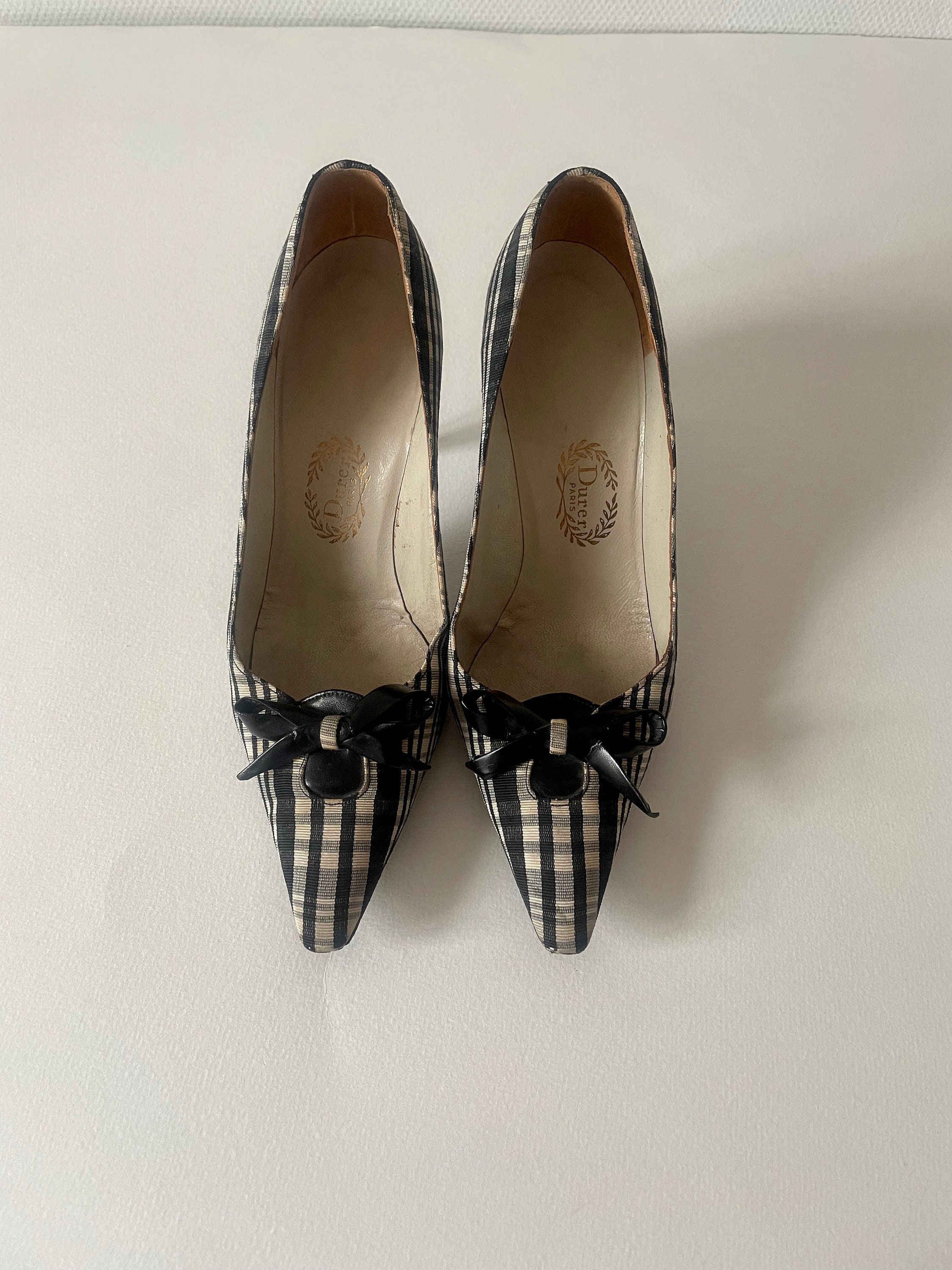 Vintage 60s Stilettos Heels Shoes Black White Tartan Bow Pin up Rétro ...
