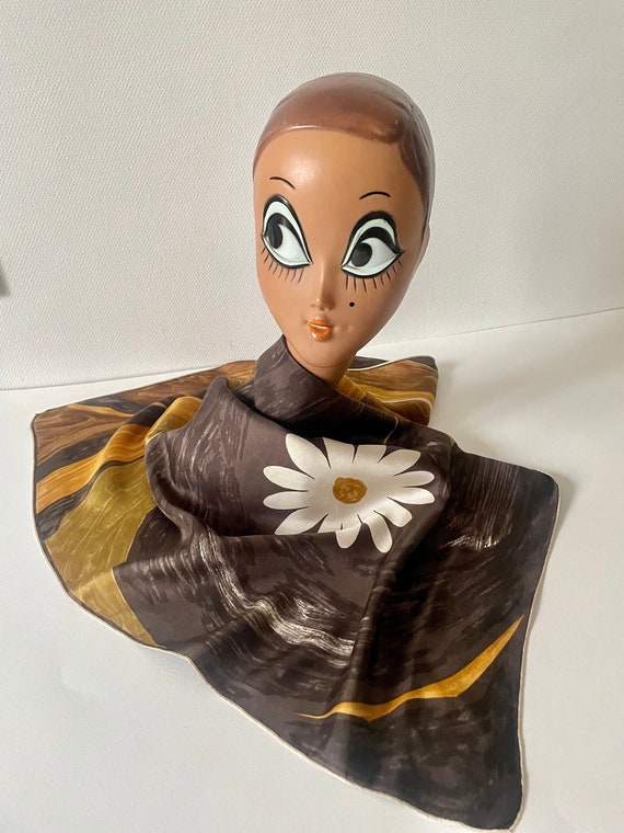 Vintage French 60s Silk scarf. daisy flower brown whi… - Gem