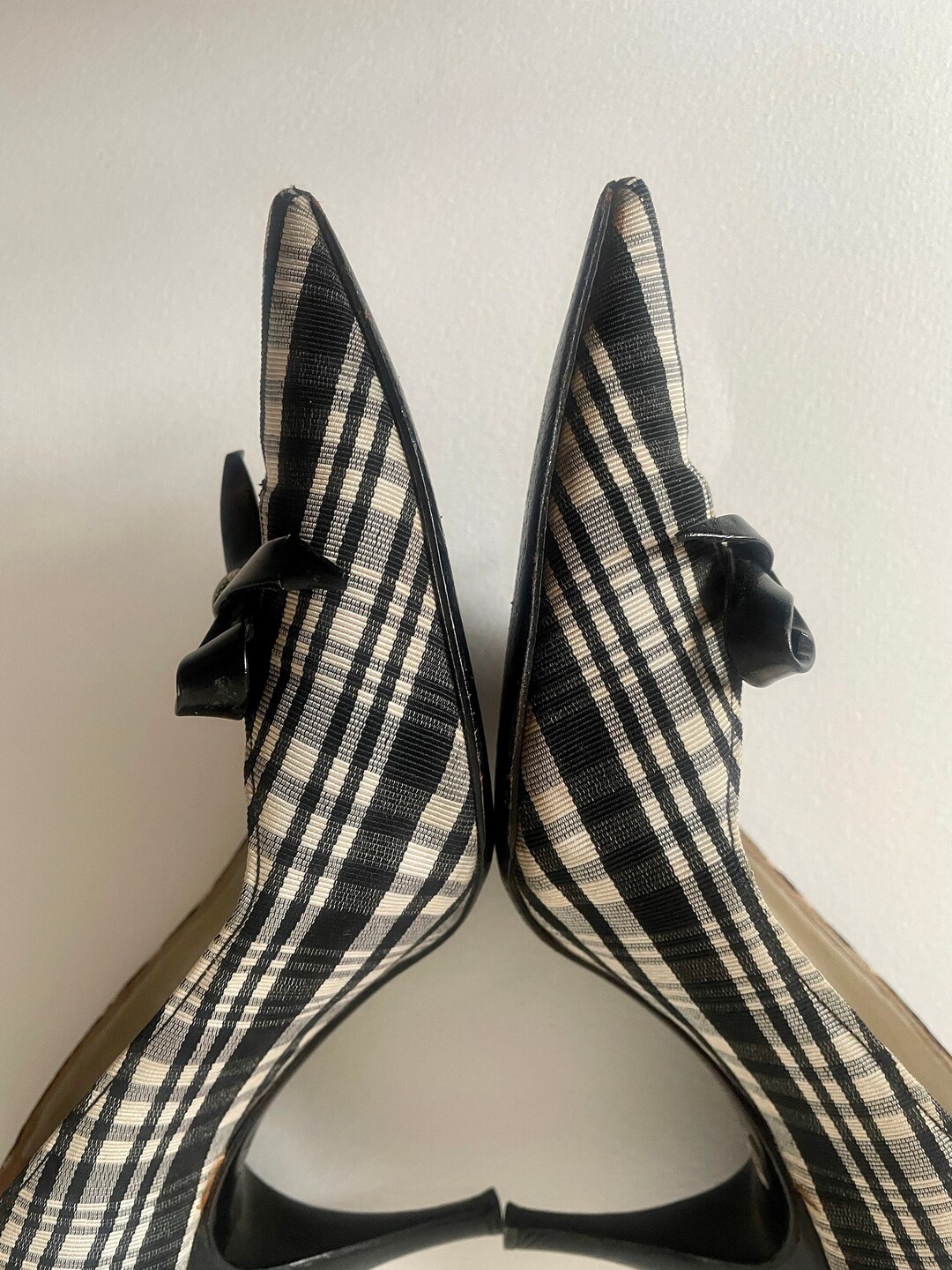 Vintage 60s Stilettos Heels Shoes Black White Tartan Bow Pin up Rétro ...
