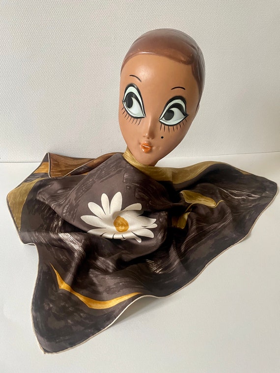 Vintage French 60s Silk scarf. daisy flower brown whi… - Gem