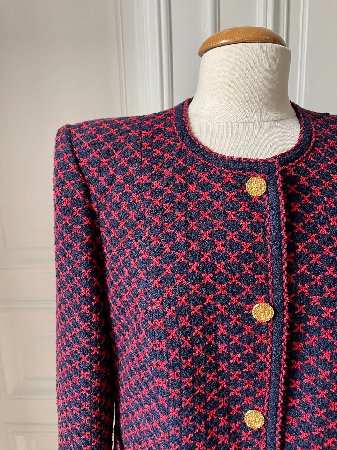 Vintage Navy Red Jacket Bright Colors Woven Fabric Size Large French ...
