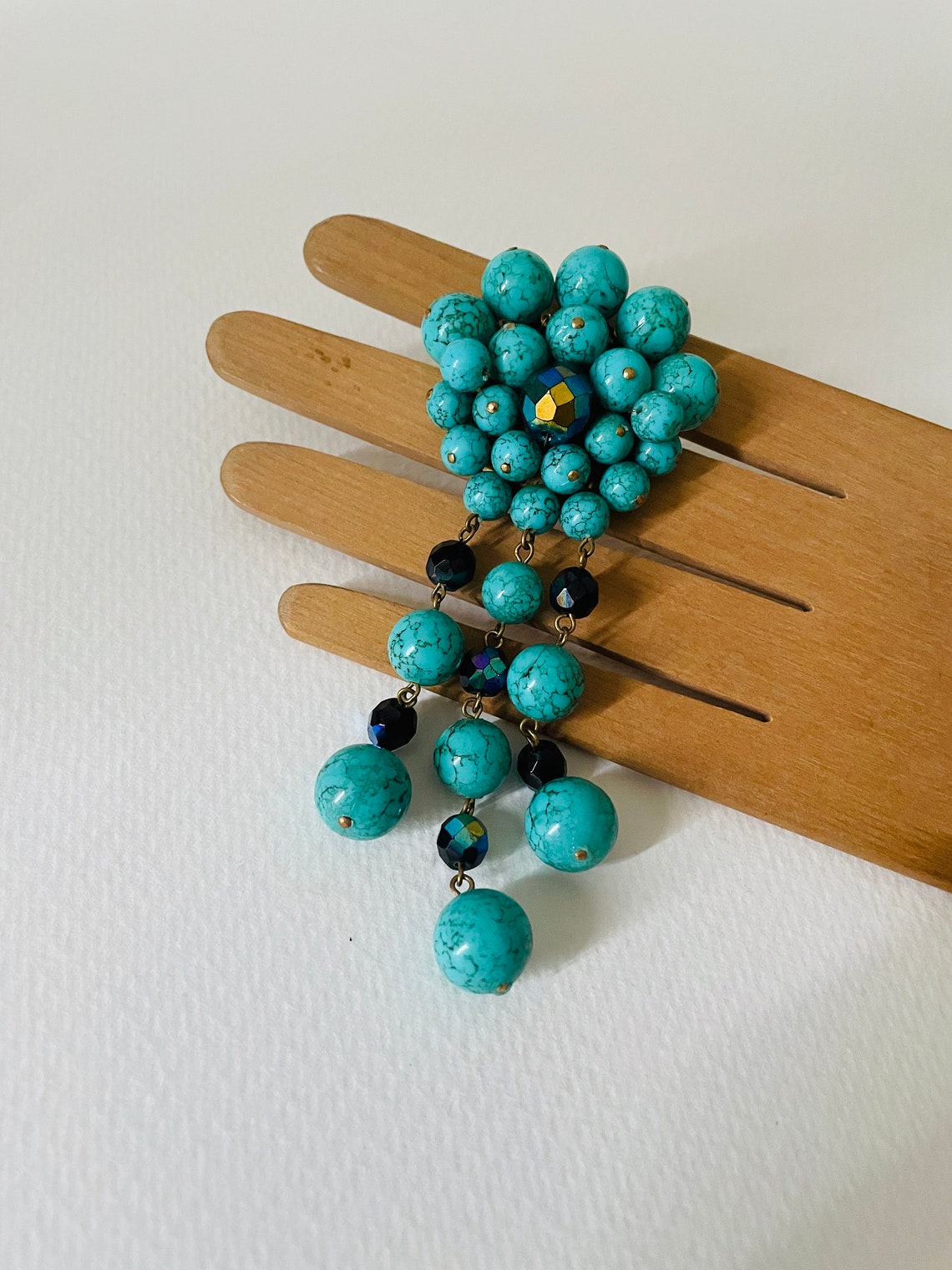 Vintage French Turquoise Blue Plastic Pearls Brooch Dandling Pearls 60s ...