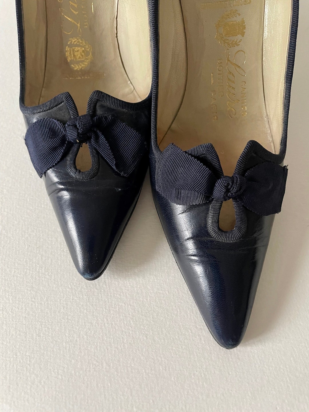 Vintage 60s Stilettos Heels Shoes Navy Bow Pin up Rétro French Riviera ...