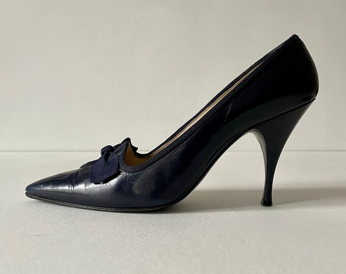 Vintage 60s Stilettos Heels Shoes Navy Bow Pin up Rétro French Riviera ...