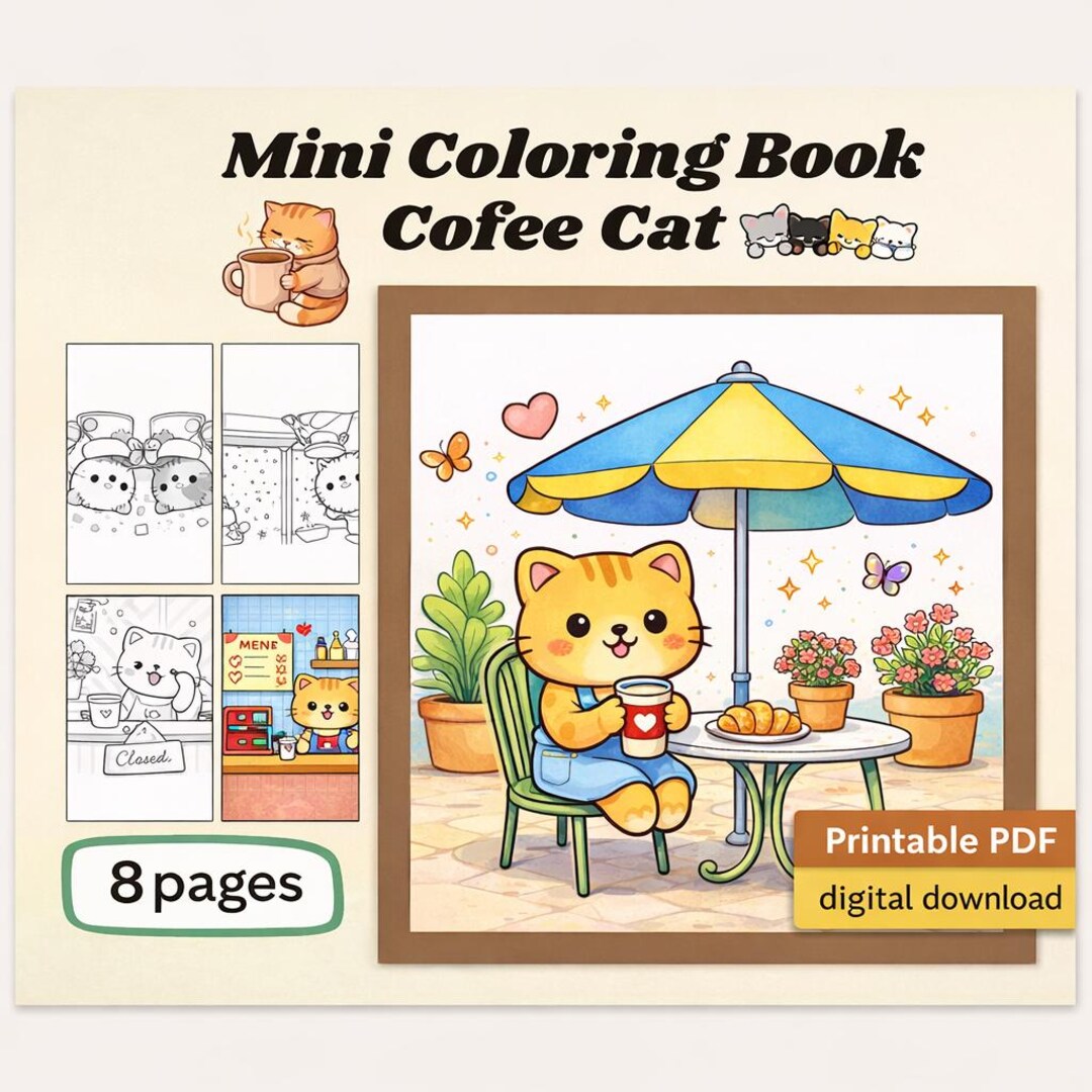 Mini Cat Coloring Book – Coffee Cat Kawaii Pages (digital Download) - Etsy