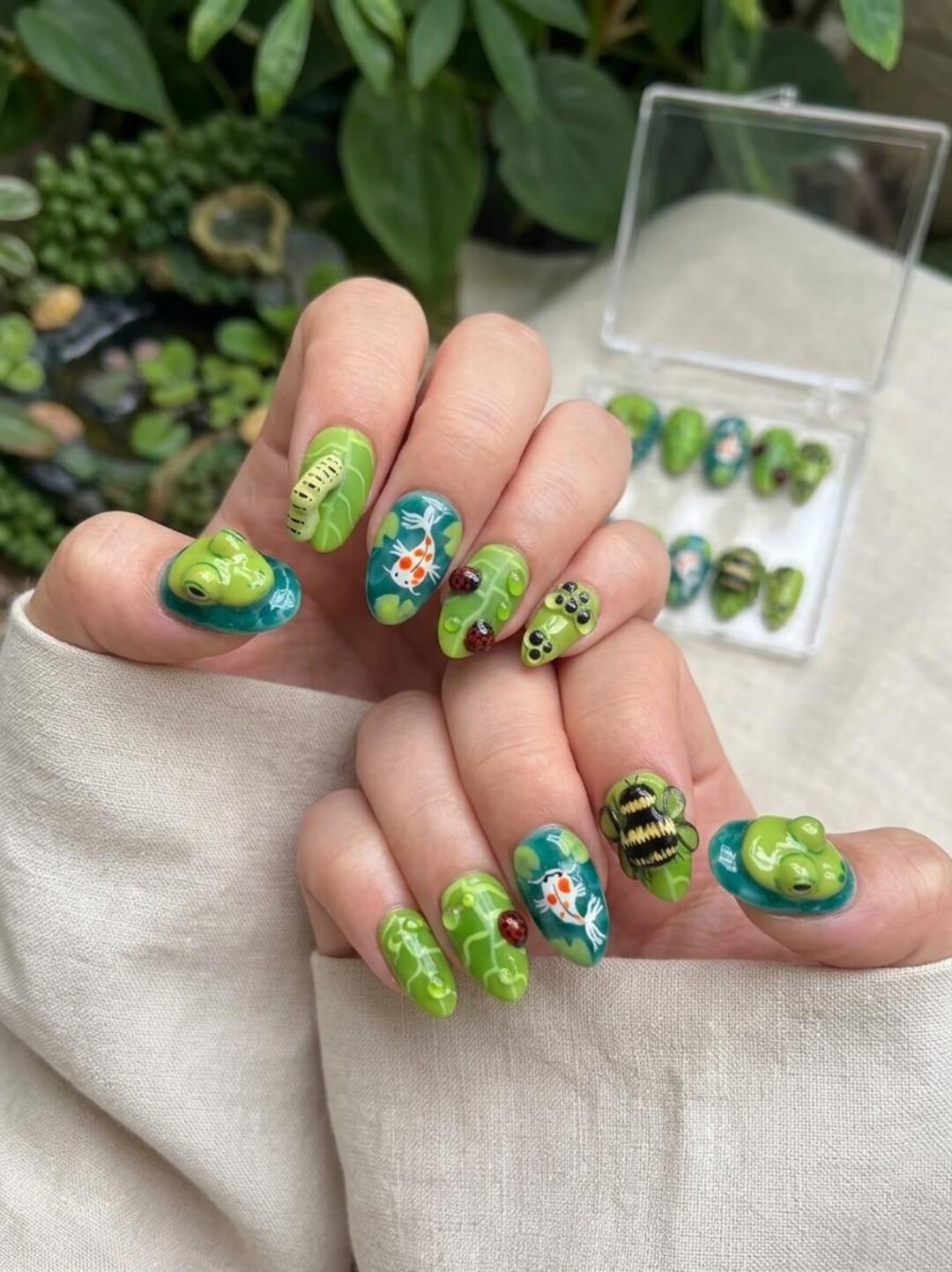 Frog Nail Art Press on Nails 3D Handmade Kawaii Spring Nature Theme ...