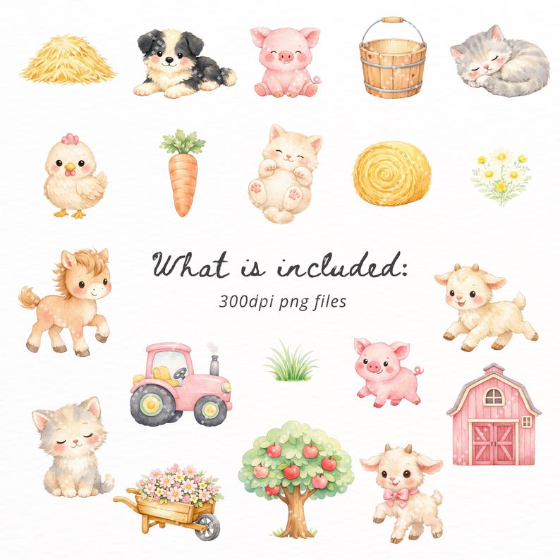 Farm Animal Clipart Bundle Watercolor PNG, Cute Farm Animals, Cow Pig ...