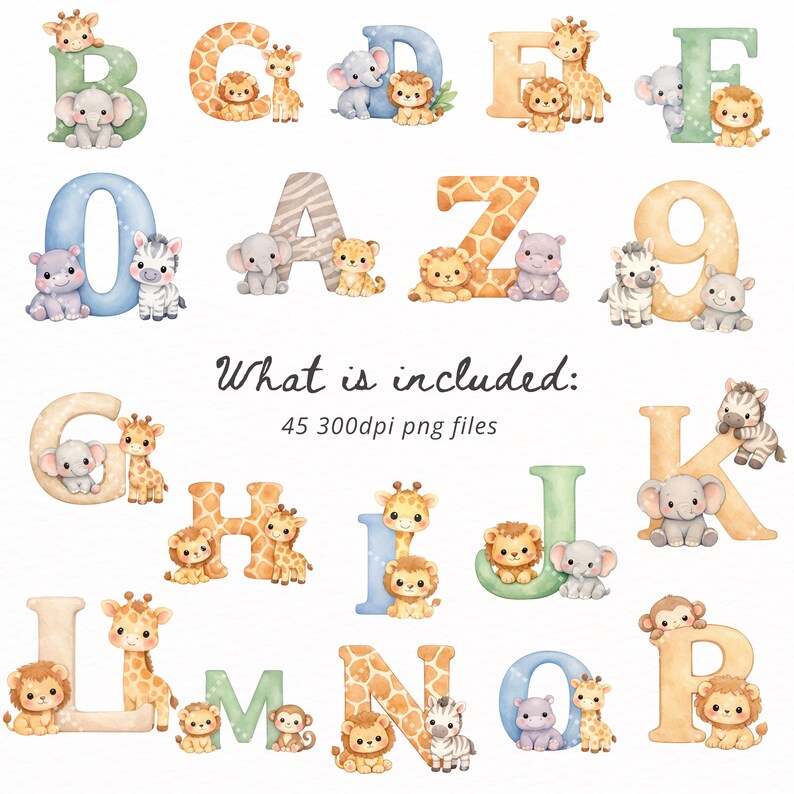 Safari Alphabet Clipart PNG, Animal Letters and Numbers Set, Jungle ABC ...