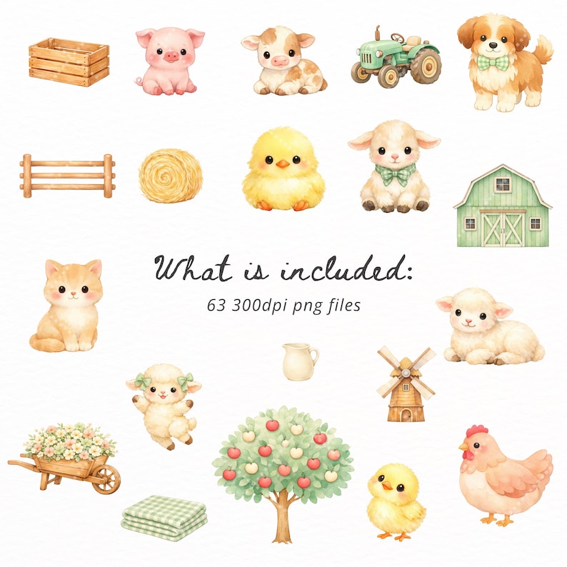 Cute Farm Animals Clipart PNG Bundle, Watercolor Barnyard Cow Pig Sheep ...