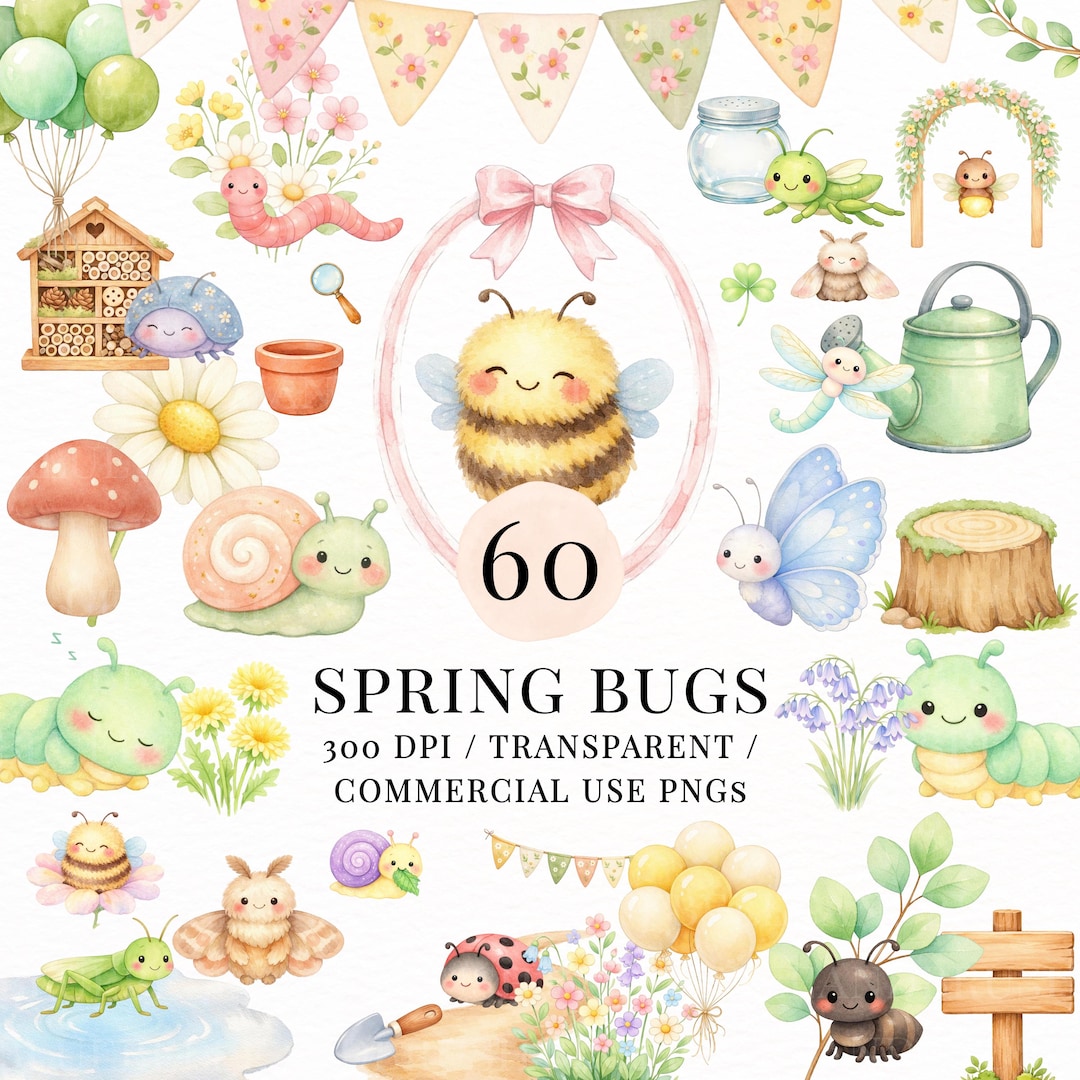 Spring Bugs Cute Clipart Bundle PNG | 60 Kawaii Insects, Bee Ladybug ...