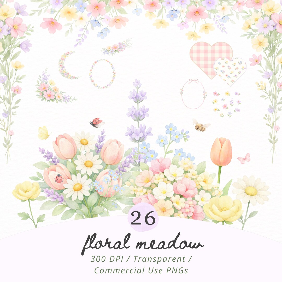 Pastel Wildflower Clipart PNG Bundle, Coquette Floral Meadow With Bow ...