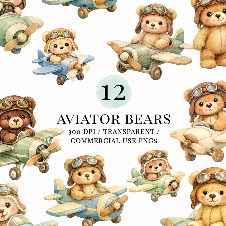 Watercolor Teddy Bear Airplane Clipart PNG, Cute Aviator Bear Graphics ...