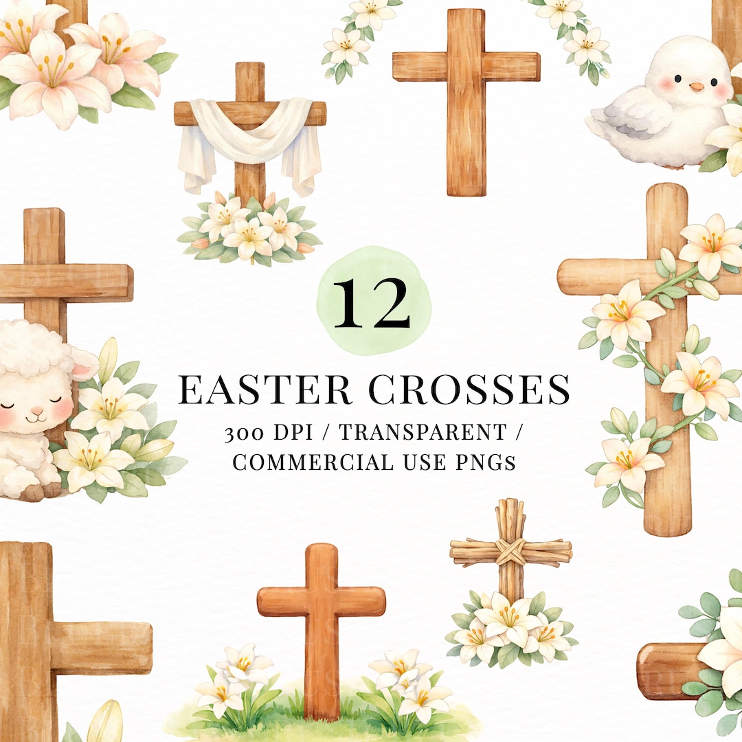 Christian Easter Cross Clipart PNG Set, Watercolor Cross With Lilies ...