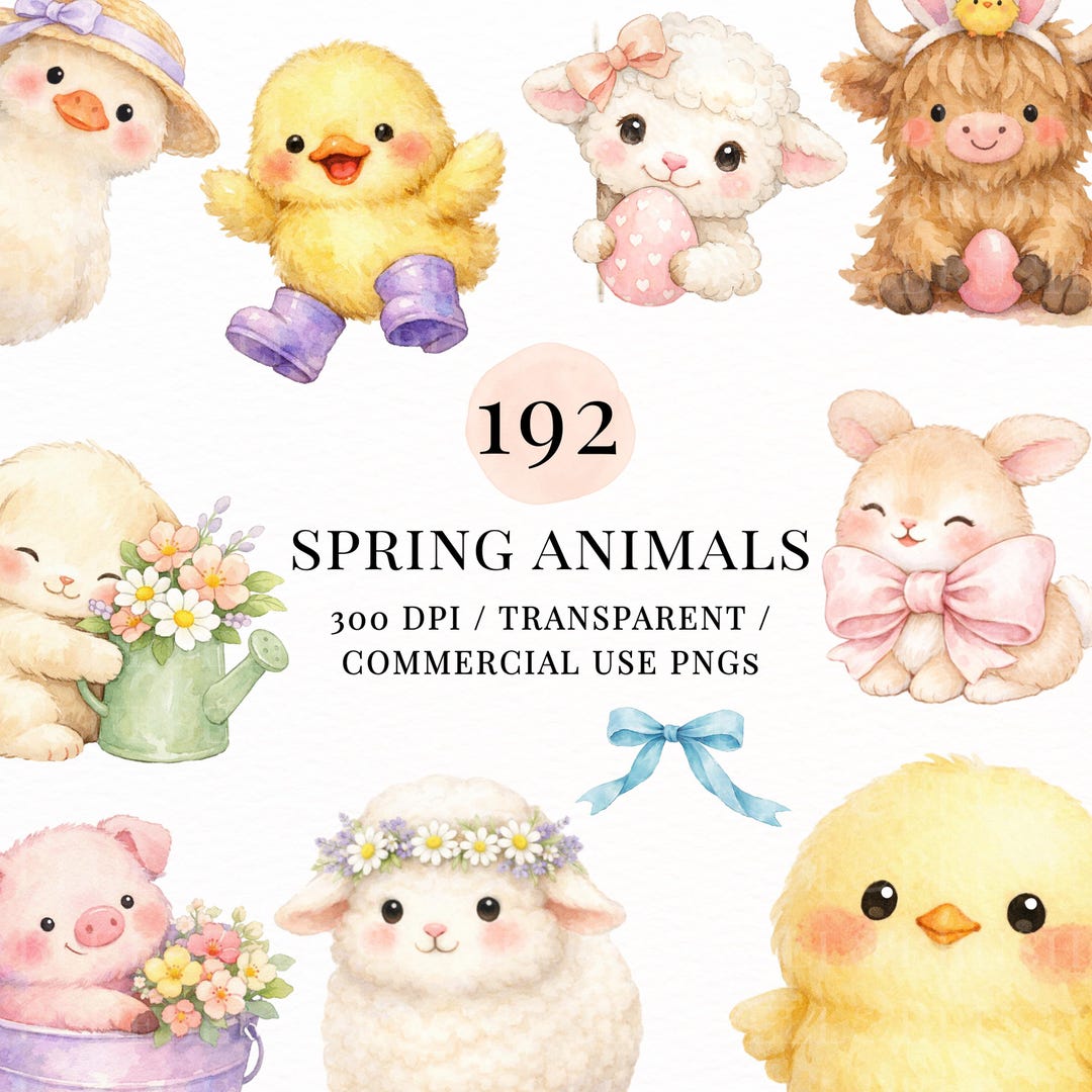 Spring Animals Clipart PNG Bundle, Cute Easter Bunny & Farm Animals ...