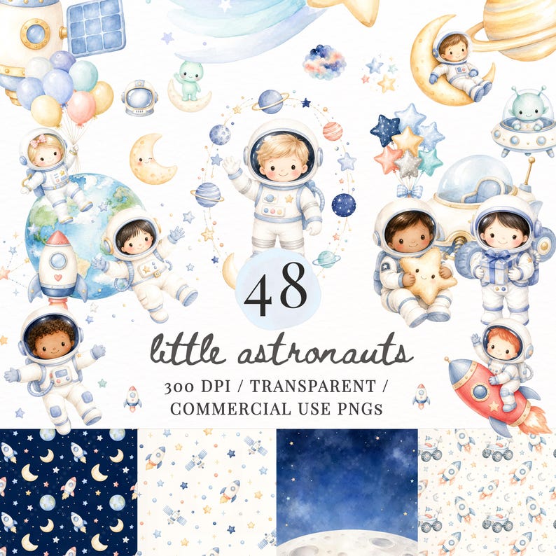 Cute Astronaut Clipart Bundle PNG, Space Birthday & Baby Shower ...