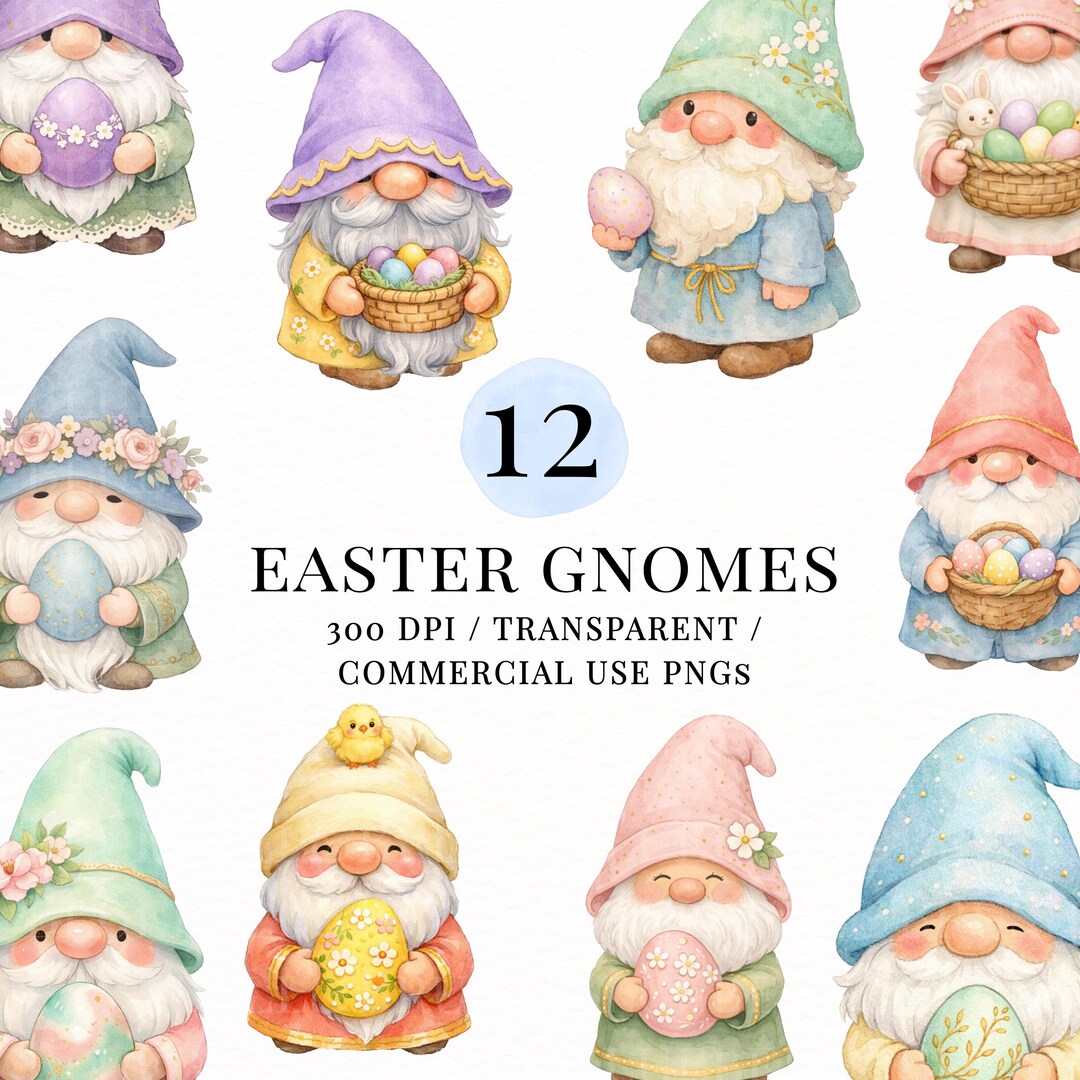 Easter Gnomes Clipart PNG Bundle, Cute Spring Gnome With Eggs, Floral ...