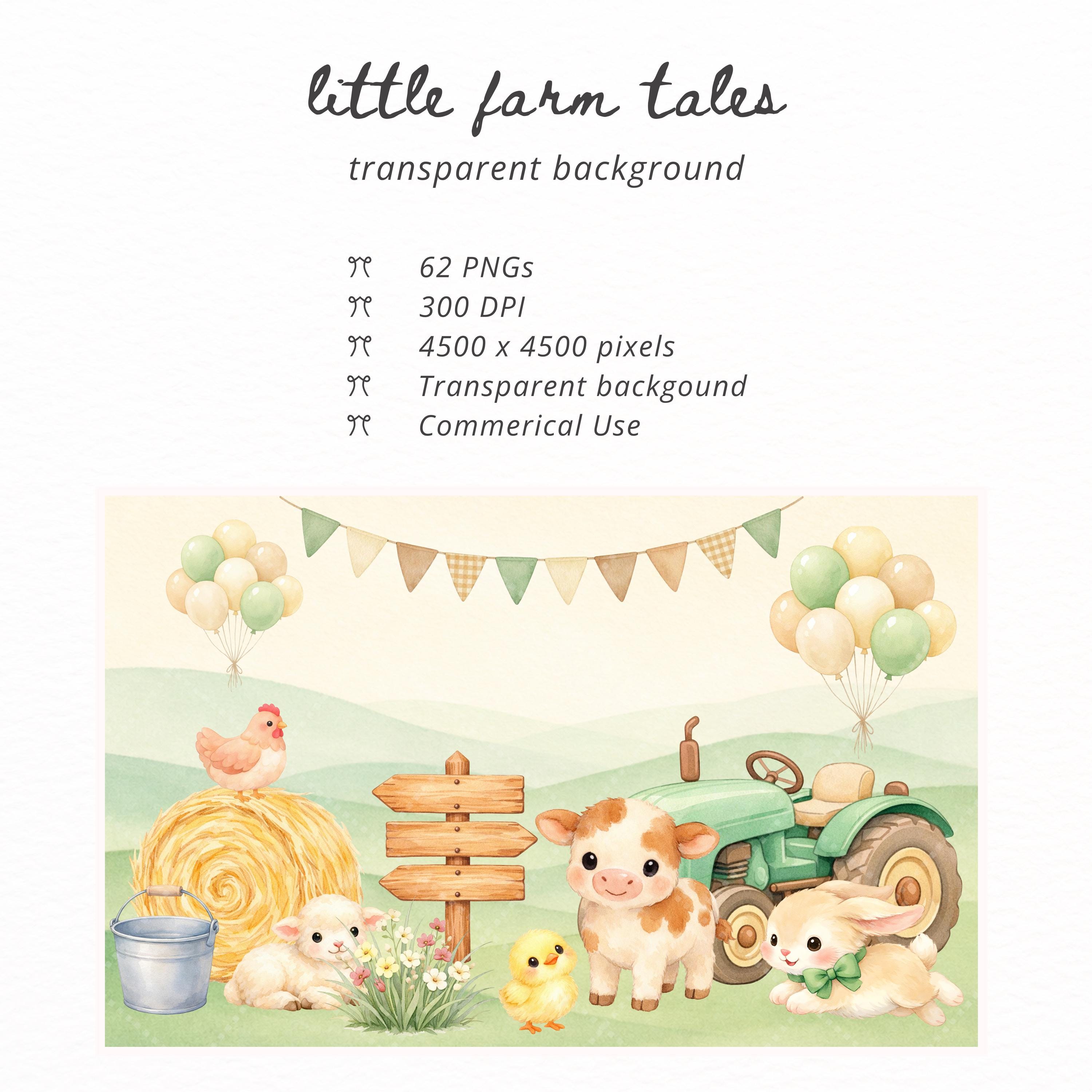 Cute Farm Animals Clipart PNG Bundle, Watercolor Barnyard Cow Pig Sheep ...